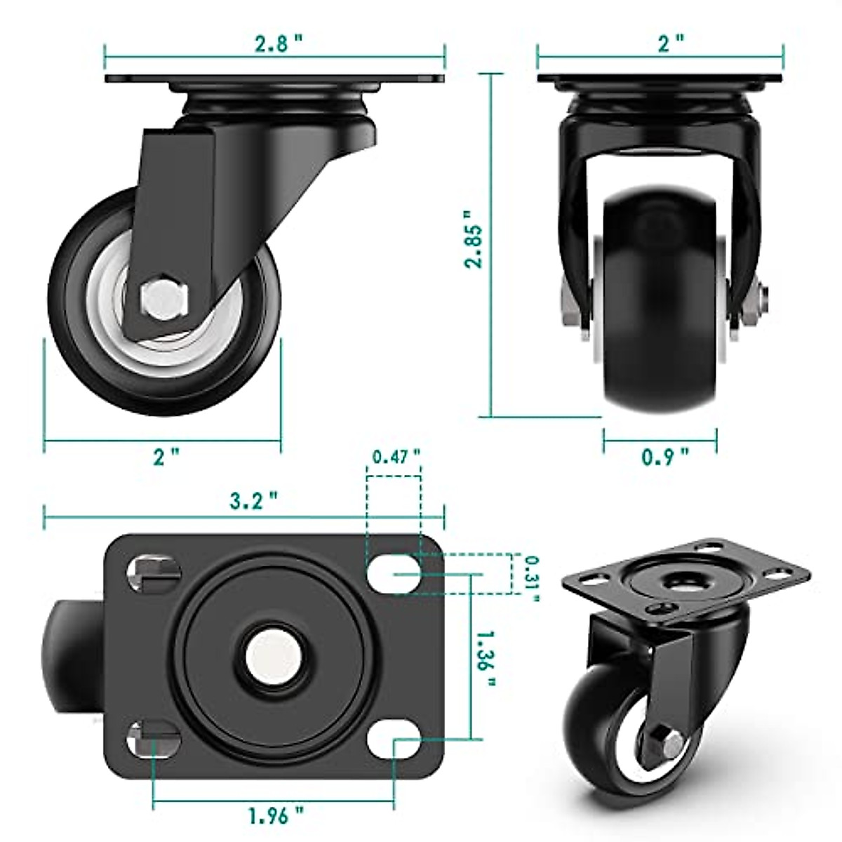 2 inch Swivel Caster Wheels Without Brake and No Noise Wheels, Heavy Duty Casters Total Capacity 600lbs (Pack of 4)