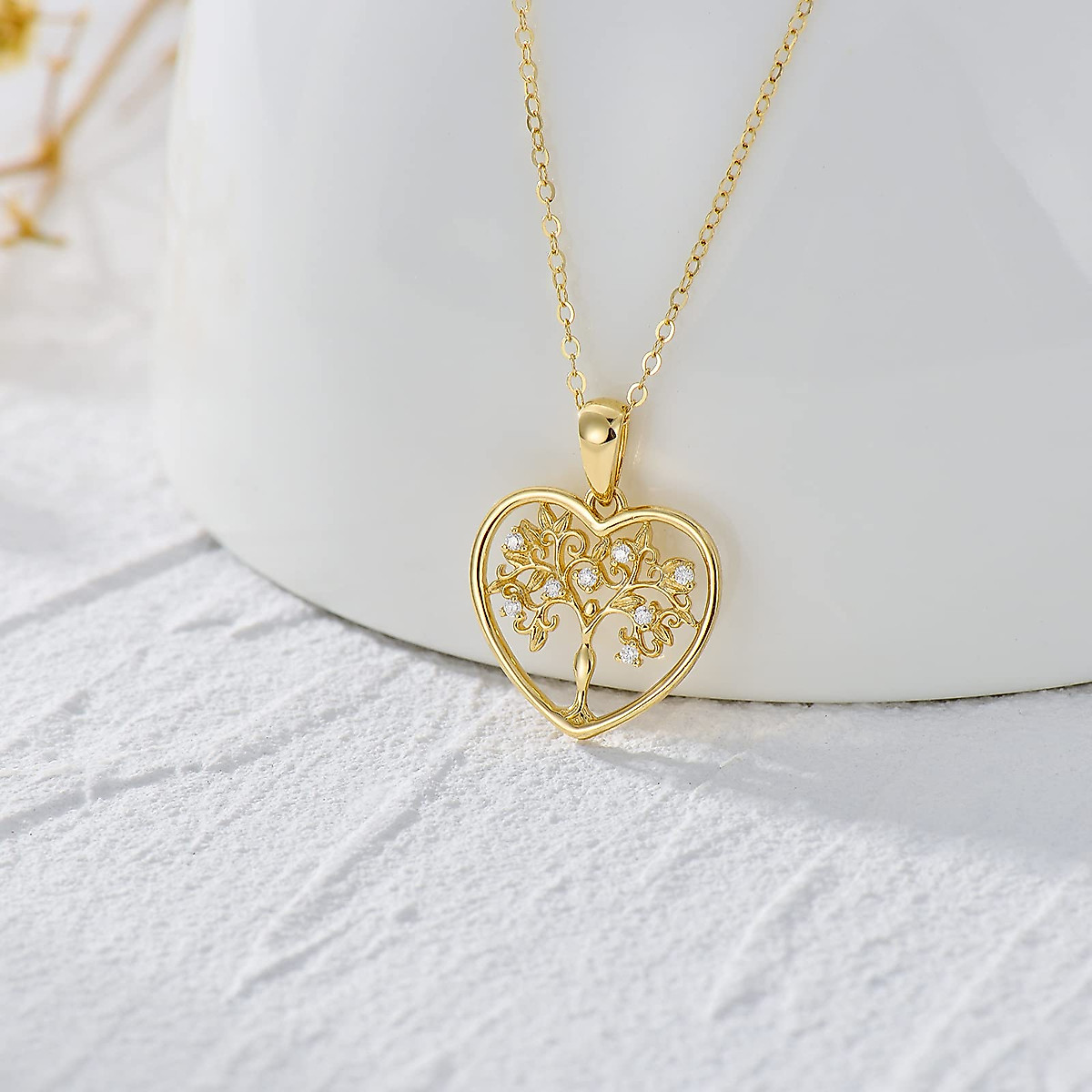 Ayafee 14K Solid Yellow Gold Tree of Life Necklace Dainty Pendant Necklace with Moissanite, Heart Necklace in 18 Inch for Women