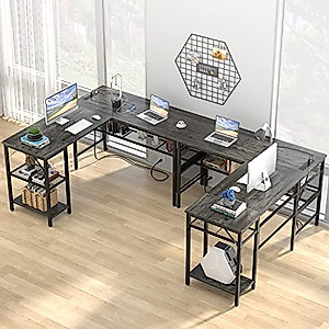 Unikito L Shaped Computer Desk with USB Charging Port and Power Outlet, Reversible L-Shaped Corner Desk with Storage Shelves, Industrial 2 Person Long Gaming Table Modern Home Office Desk, Black Oak