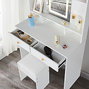 Jarbalai White Makeup Vanity with Mirror and Lights, Large Vanity Set with Cushioned Stool and Drawers, Modern Dressing Table Vanity Desk for Bedroom