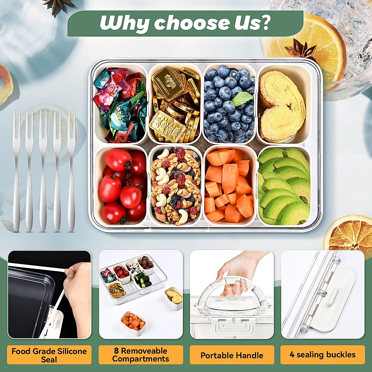 Snackle Box Container,Snack Box Charcuterie Container with 8 Compartments & 5 Forks,Divided Serving Veggie Tray with Lid and Handle,Travel Food Storage Containers for Fruits, Nuts, Cookies, Candies