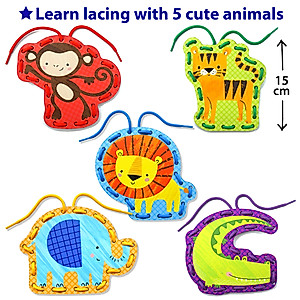 KRAFUN Beginner Preschool Lacing Card Kit for Kids Arts & Crafts, 5 Easy Safari and Animal Lacing Projects, Lacing Cards for Toddlers, Fine Motor Skills Training Toys