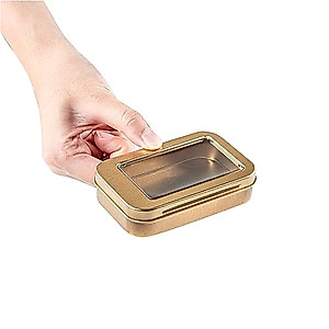Restaurantware RW Base 4.5 Ounce Rectangular Tin Containers 10 Durable Tin Boxes With Lids - Clear Window Lids Rounded Edges Gold Tin Storage Containers Customizable Fits Mints Or Pills