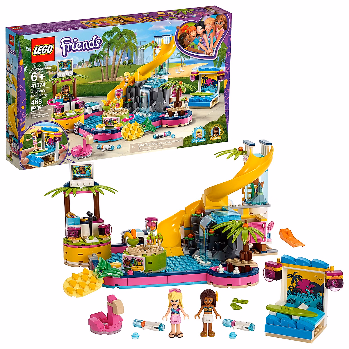 LEGO Friends Andrea's Pool Party 41374 Toy Pool Building Set with Andrea and Stephanie Mini Dolls for Pretend Play, Includes Toy Juice Bar and Wave Machine (468 Pieces)