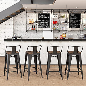 Yongchuang 30 inch Bar Stools Set of 4 Bar Height Metal Barstools with Wood Seat Low Back Kitchen Bar Chairs Matte Black