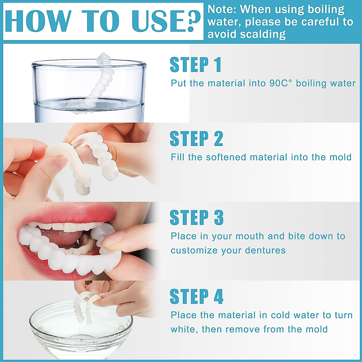 2 Set Fake Teeth Denture Teeth Veneer Snap in Teeth Confidence Smile Dentures Veneer Fake White Teeth with 2 Pieces Mini Tweezers for Halloween Men and Women Bad Teeth Whitening Alternative