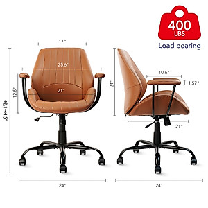 CLATINA Ergonomic Home Office Chair PU Leather Desk Chair with Wheels, Mid Century Modern Swivel Rolling Computer Task Chair with Armrests and Lumbar Support, Brown 400lbs