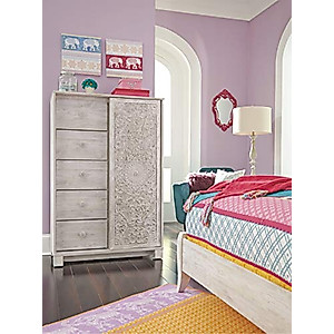 Signature Design by Ashley Paxberry Boho 5 Drawer Dressing Chest with Slider Door & 3 Adjustable Shelves, Whitewash