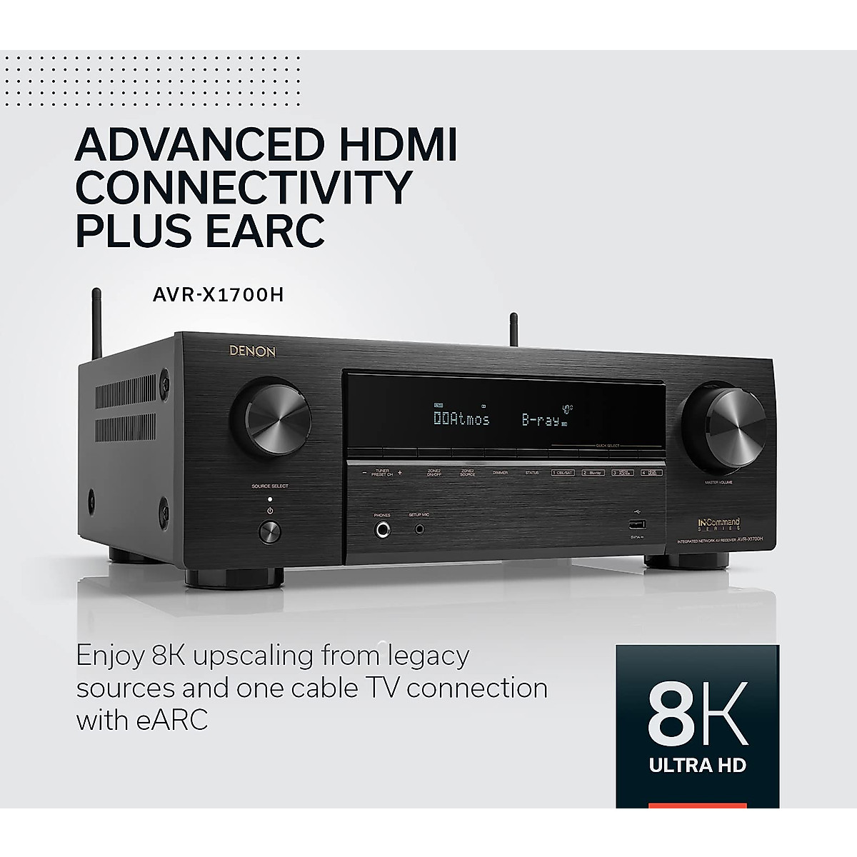 Denon AVR-X1700H 7.2 Channel AV Receiver - 80W/Channel (2021 Model), Advanced 8K HDMI Video w/ eARC, Full 3D Audio - Dolby Atmos, DTS:X, Wireless Streaming, Built-in HEOS, Amazon Alexa Voice Control