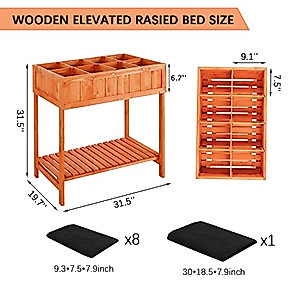AuAg Wooden Raised Garden Bed with 8 Slot, Elevated Flower Planter Box Stand w/Leg &amp; Storage Shelf, Outdoor Vegetable Growing Bed Kit w/Liner, Herb Standing Gardening Planter for Backyard, Patio, Deck