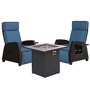 Grand patio Outdoor Furniture with Fire Pit Table Recliner Wicker Chairs 3 Pieces Reclining Chair for Patio Garden Backyard, Peacock Blue