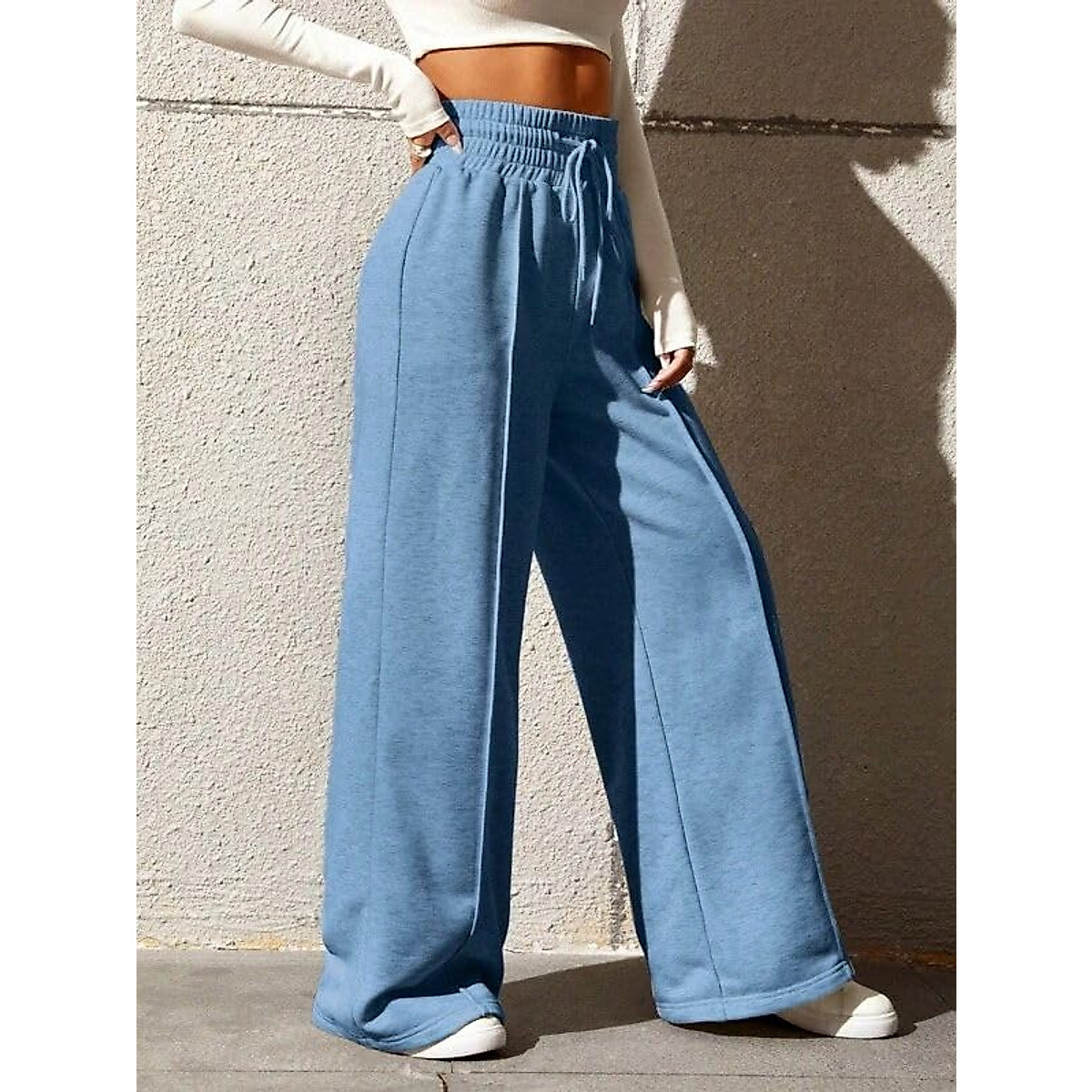 MISSACTIVER Women Casual High Waist Elastic Drawstring Baggy Sweatpants Workout Athletic Patchwork Wide Leg Joggers Pants Blue