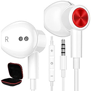 Wired Earbuds for Samsung Galaxy A14 A23 S10 S9, ACAGET 3.5mm Wired Headphones Noise Cancelling Earphone Magnetic Headset Mic & Volume Control with Carrying Case for iPhone 6s 6 5S OnePlus 6T 5T White