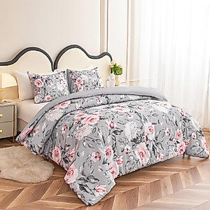 Koniroom 3 Pieces Pink and Grey Comforter Set Queen Size, Floral Bedding Sets with Pink Flowers and Leaves Pattern for Women Teen Girls, Reversible All Season Comforter with 2 Pillow Shams