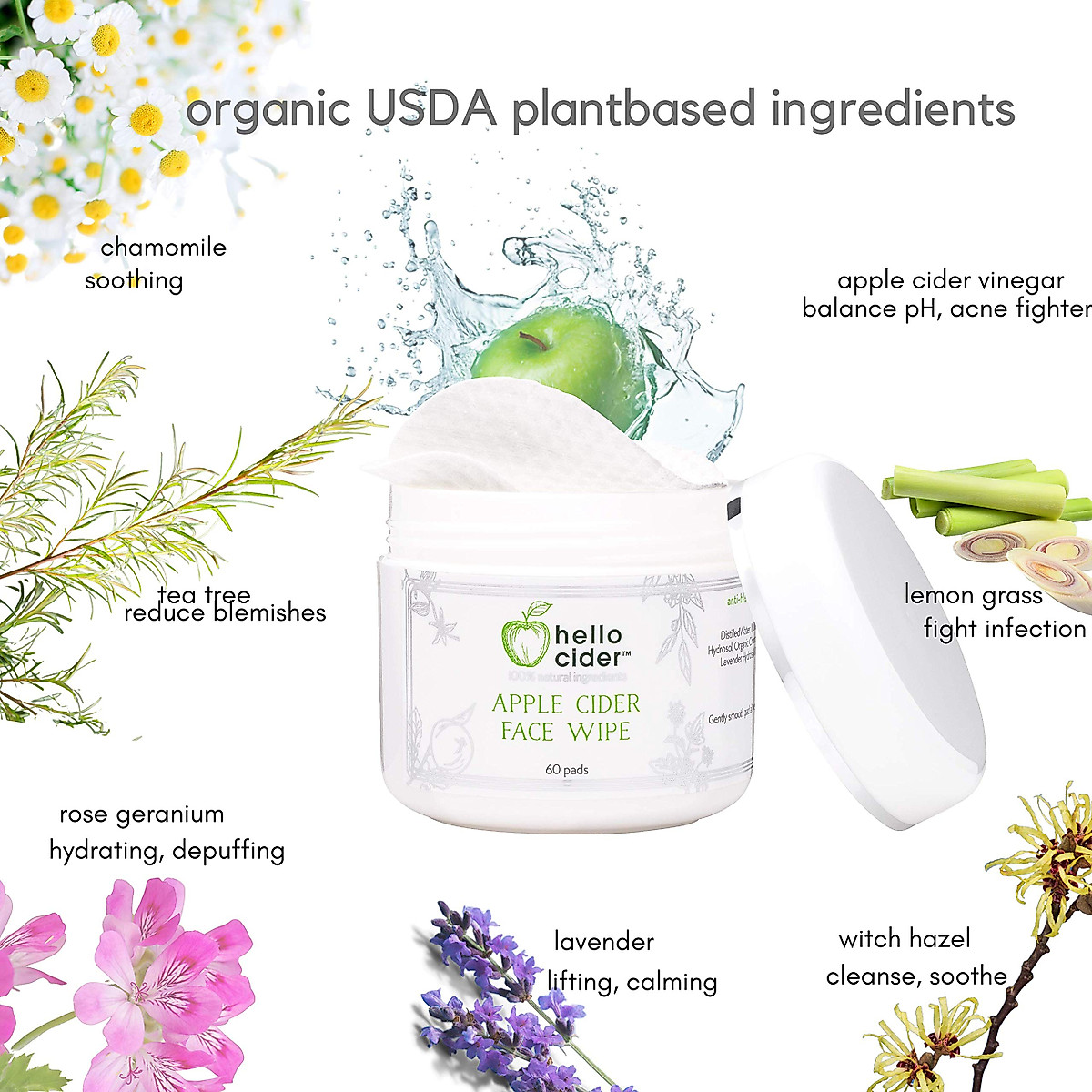 Apple Cider Vinegar Acne Face Toner Pads - Organic Tea Tree, Witch Hazel, Rose, Lavender. Cleanse, Tone, Hydrate, Calm & Sooth. 60 pads. USA by Hello Cider