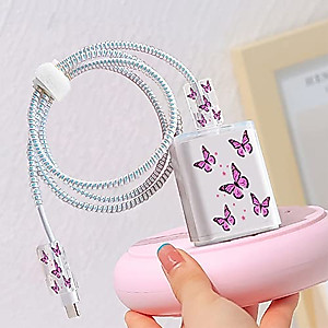 DiyGody Lovely Cable Protector for iPhone Charger with Cute Clear Pink Butterfly Design, Soft Data Line Cable USB Wire Saver Charger Protector Compatible with 18W/20W iPhone Charger