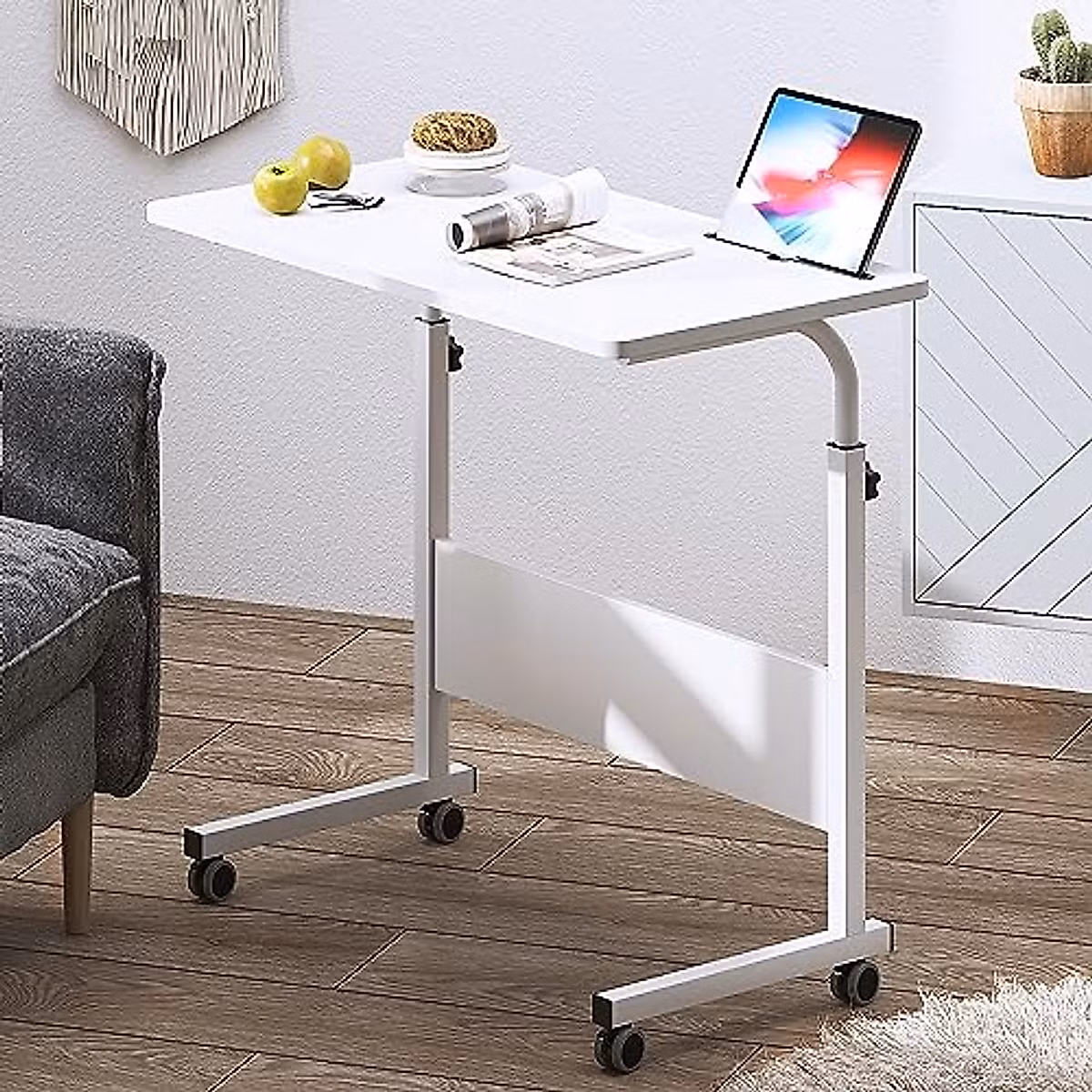 DlandHome Rolling Desk Adjustable Standing Desk, Mobile Side Table 31.4 Inches w/Wheels Adjustable C Table Movable Portable Laptop Computer Stand for Bed Sofa,White