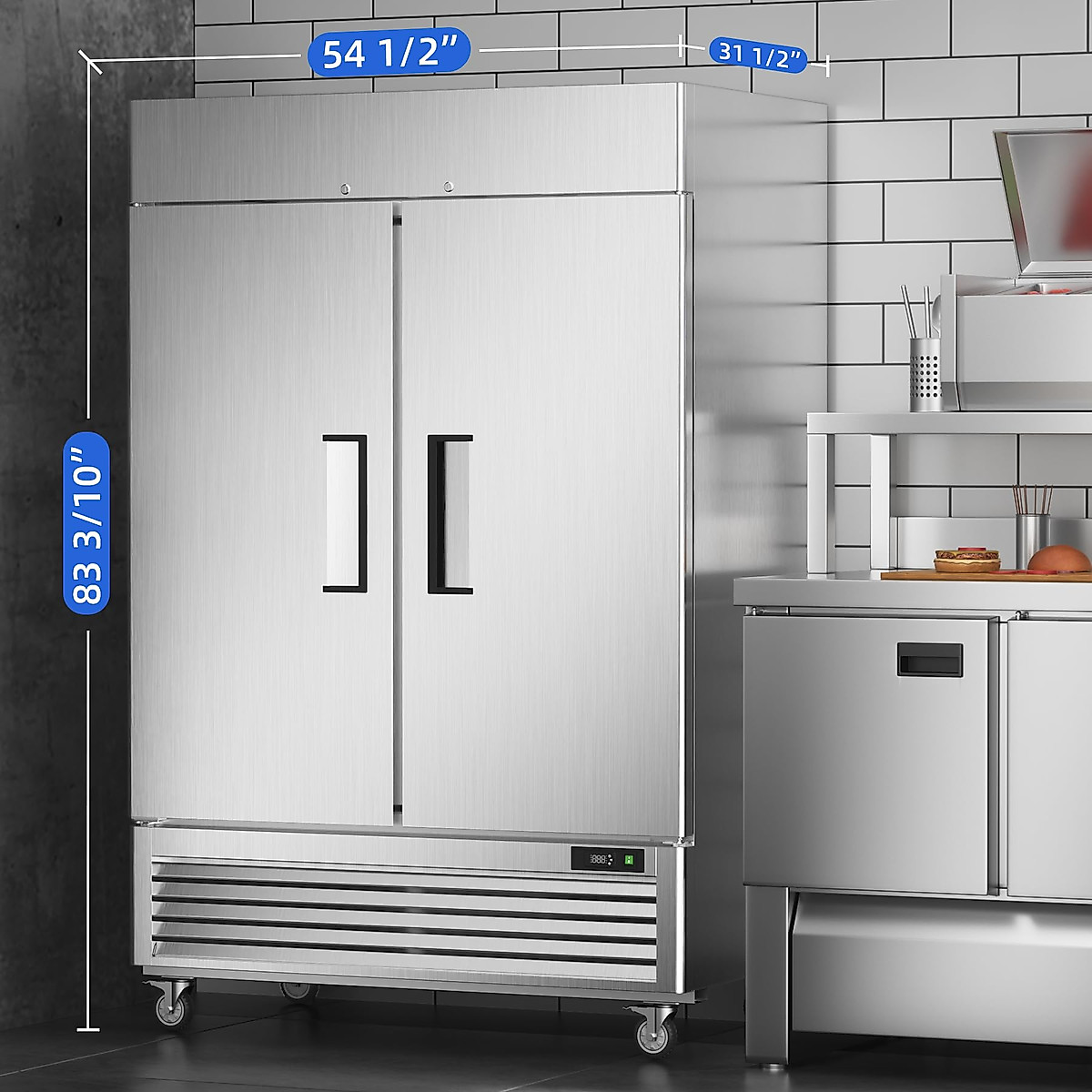 Coolski 54'' W Commercial Refrigerator, Stainless Steel Reach-in Refrigerator with 49 Cu.Ft Capacity/8 Shelves/LED Lighting/33℉~41℉/ETL Approved