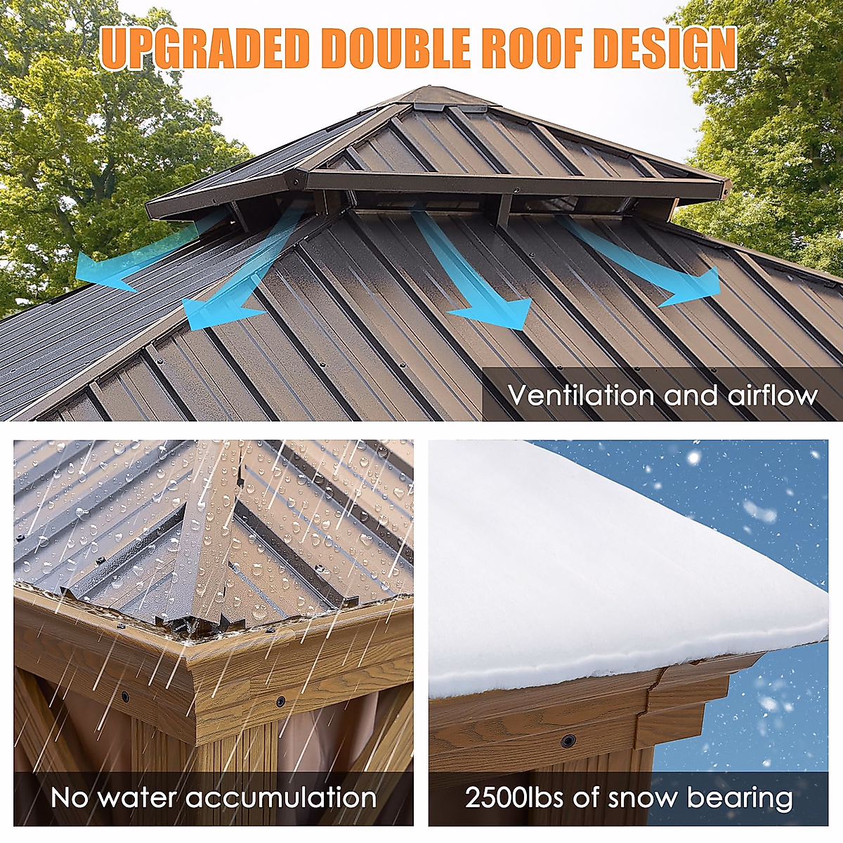 12’ X 12’ Hardtop Gazebo with Galvanized Steel Double Roof Ventilation Design, Wooden Coated Aluminum Frame Gazebo Canopy with Netting and Curtains Included,Metal Outdoor Backyard Discovery Gazebo