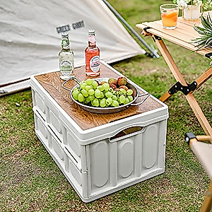 Folding Storage Bin with MDF Lid, 30L Storage Box Container Stackable Shelf Baskets Cloth Closet Car Organizers Outdoor Picnic Transport Box Toy Clothes Books Holder Plastic Collapsible Tote Crate