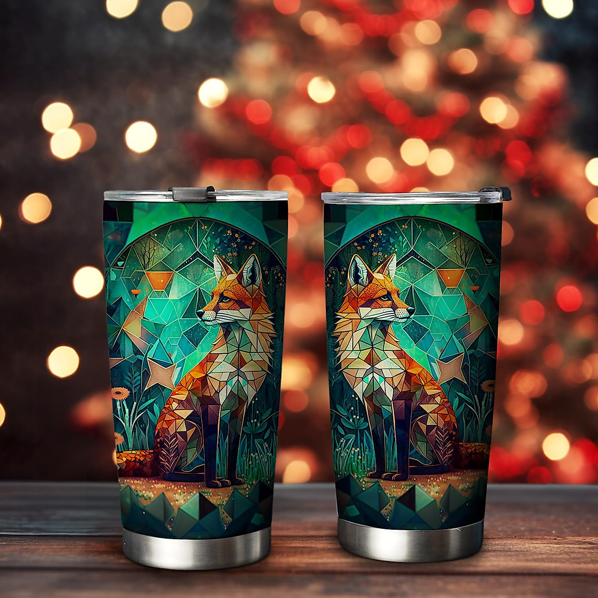 20oz Green Jade Stained Glass Crystal Mosaic Fox Tumbler, Gifts for Fox Lovers, Coffee Thermos for Women, Stainless Steel Double Wall Vacuum Insulated Coffee Mug, Travel Cup with Lid