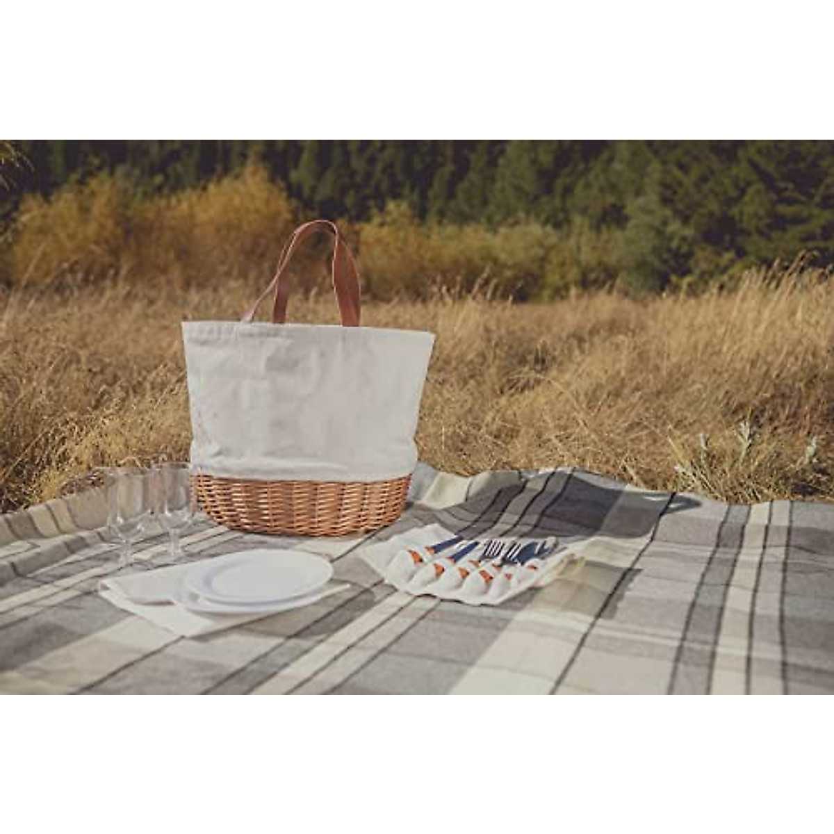 PICNIC TIME - Promenade Picnic Basket for 2 - Picnic Set with Canvas Tote Bag, (Beige Canvas)