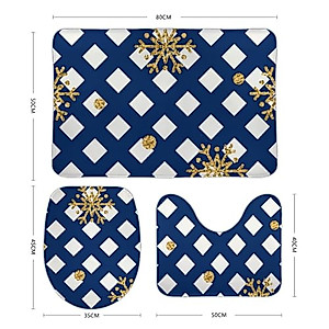 Isicerss Bathroom Mat Set Non-Diamond Chequered Golden Snow Slip Bath Rug U-Shaped Contour Toilet Mat and Toilet Lid Cover Bath Mat,3 Piece