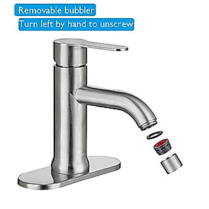 Bainser Brushed Nickel Bathroom Faucet Single Hole Washbasin Faucet with Deck Plate for 1 or 3 Holes, Bathroom Mixer Tap with Removable Aerator, Matte