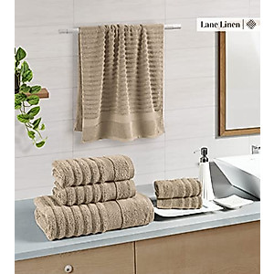 LANE LINEN Bath Towel Set - Soft and Absorbent, Ribbed, 100% Cotton Towels for Bathroom, Hotel, Body & Spa - 2 Bath Towels Large Size, 2 Bathroom Hand Towel and 2 Wash Cloths (6 Piece Set) - Taupe