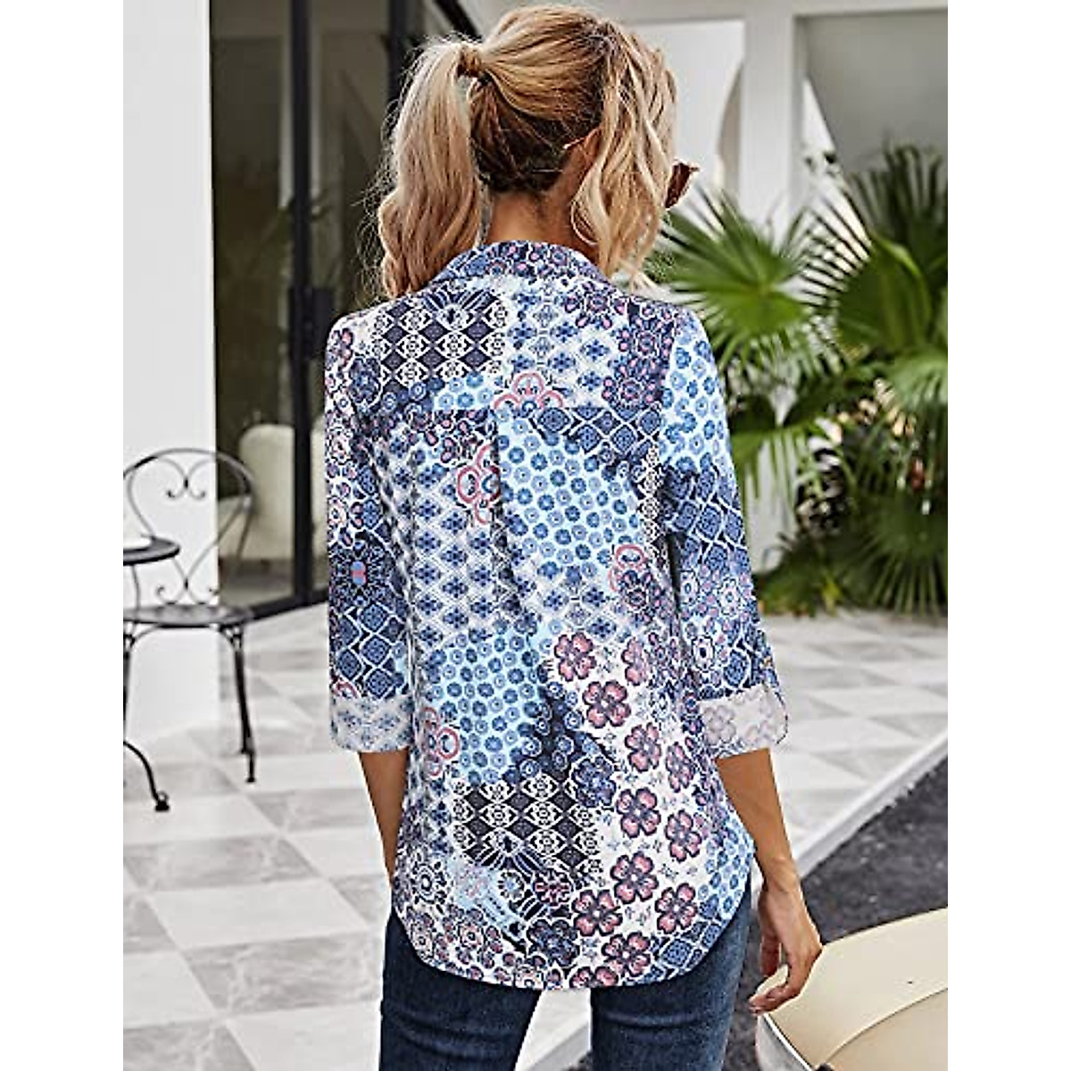 VALOLIA Women's 3/4 Sleeve Tunic Tops to wear with Leggings, Ladies Dress Shirts and Blouses for Work Long Sleeve Red Office Blouses Print V Neck Business Casual Flowy Fall Dressy Silk Elegant Blue