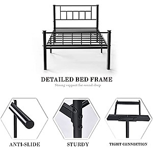 Twin Bed Frames, 14 Inch Twin Size Bed Frame for Kids with Headboard, Heavy Duty Steel Slat Twin Metal Bed Frames, No Box Spring Needed, Mattress Foundation, Anti-Slip, Easy Assembly, Black
