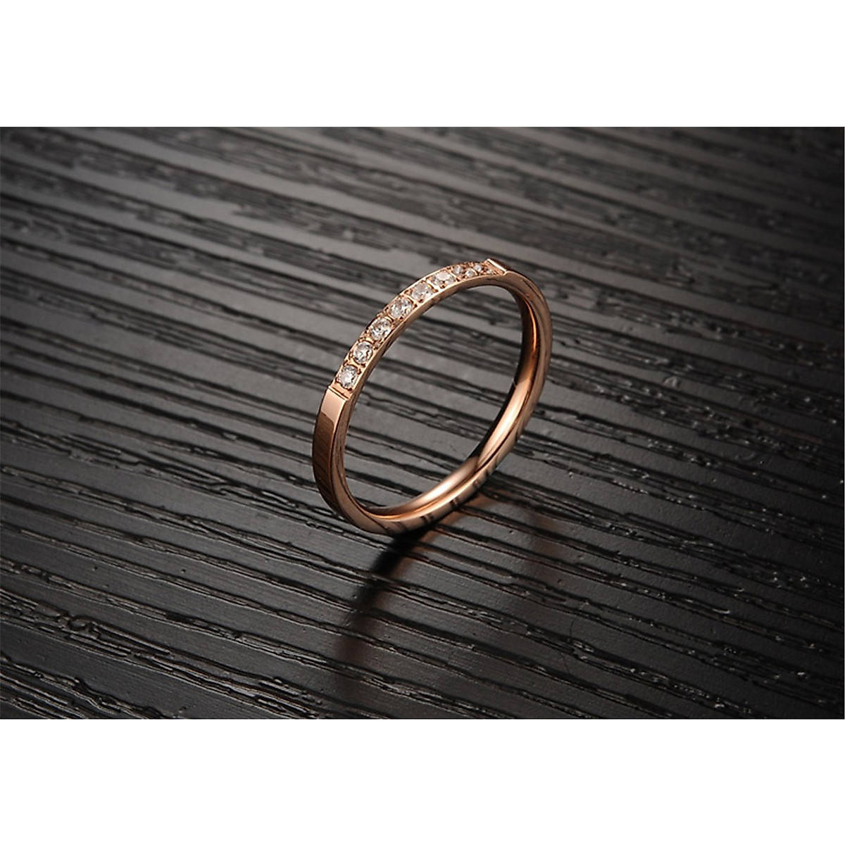 Fashion Month Women 2mm Luxury Titanium Stainless Steel Cubic Zirconia CZ Inlay Rose Gold Ring Wedding Engagement Band Size 6