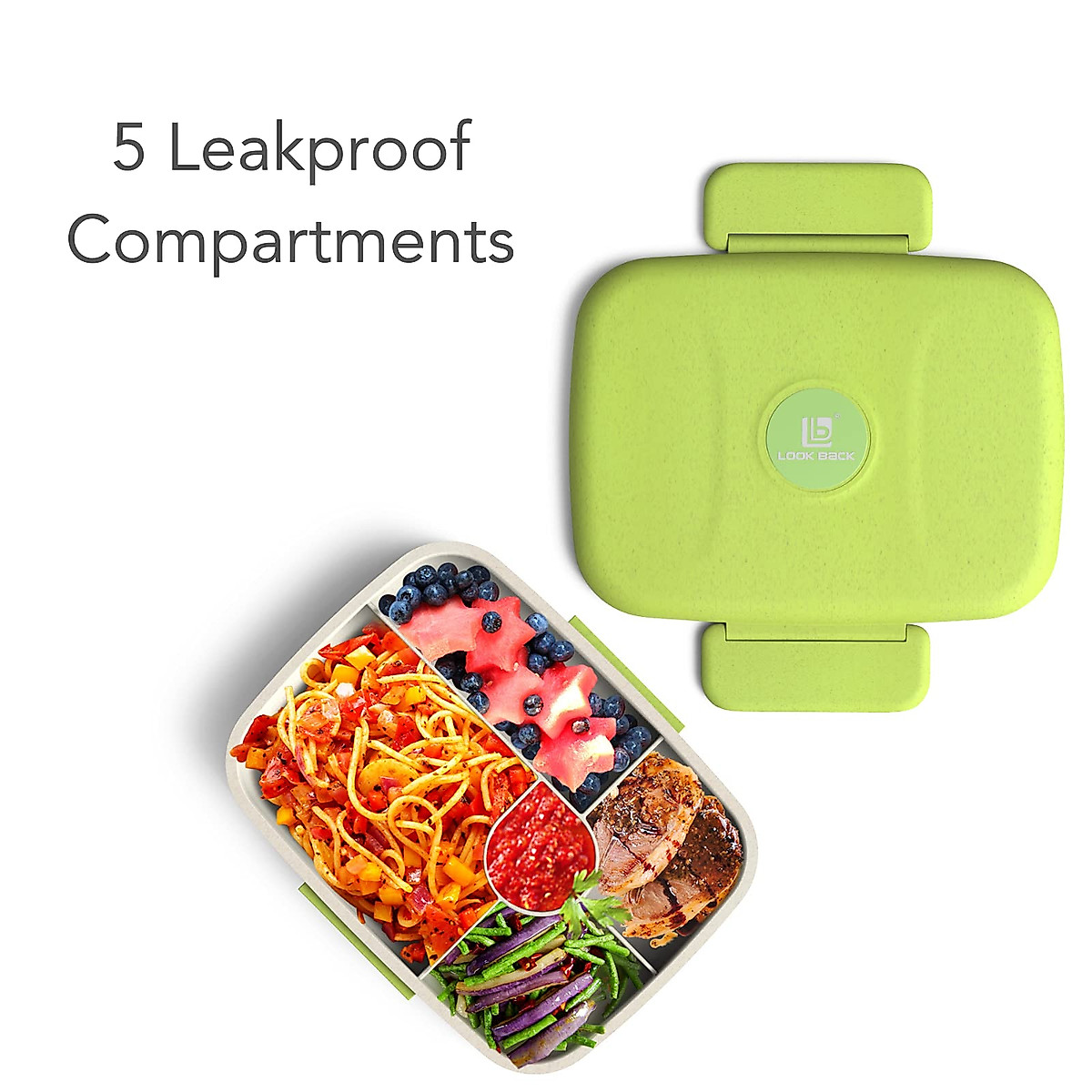 Fenrici Bento Lunch Box For Kids and Teens, Made with Natural Wheat Straw and Food Grade Silicon, 5 Leakproof Compartments, BPA-Free Bento Box, Microwave and Dishwasher Safe, Green