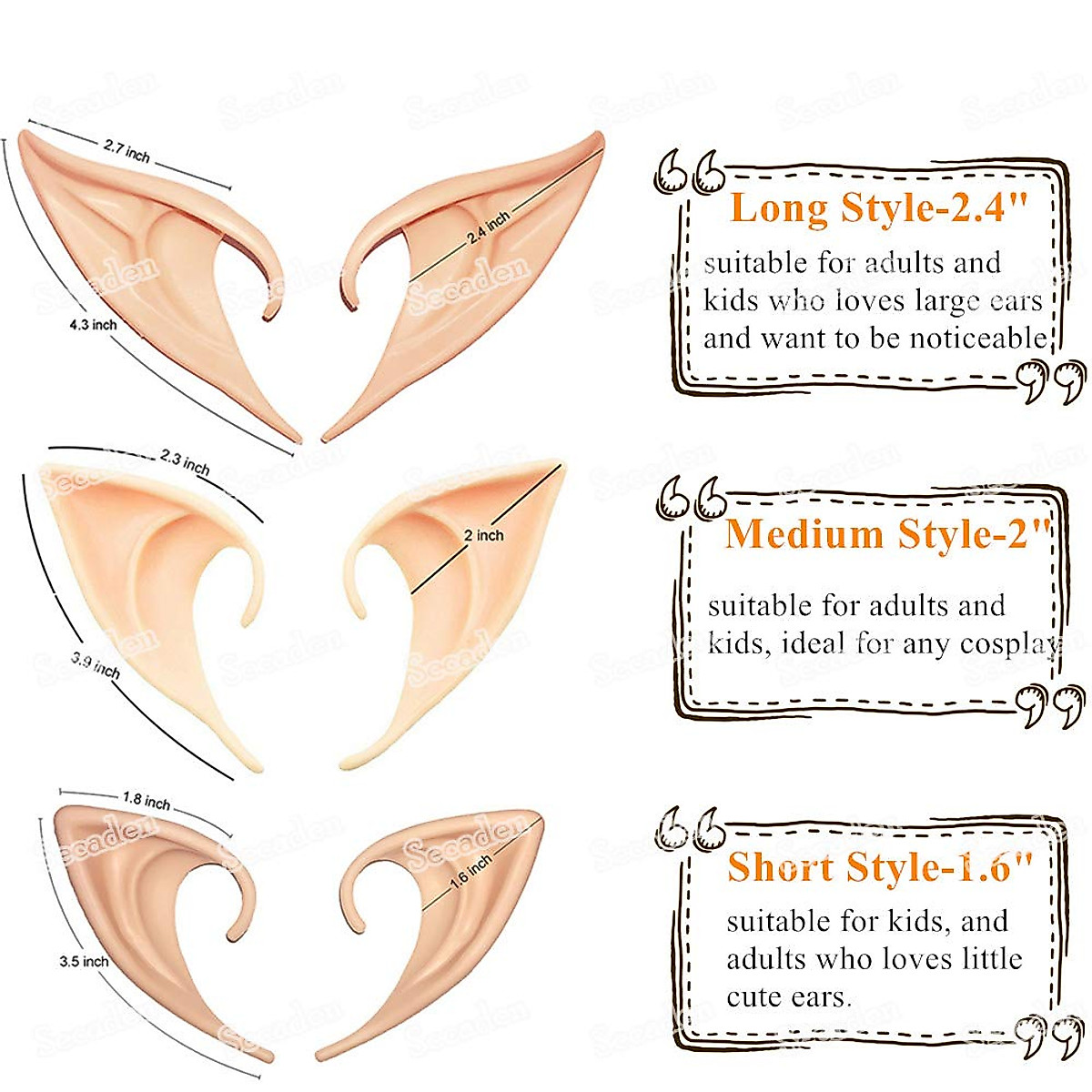 Secaden Cosplay Fairy Pixie Elf Ears Soft Pointed Ears Tips Anime Party Dress Up Costume Accessories (Long Style)