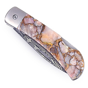 Folding Pocket Knife with Damascus Blade and Artisan-Crafted Pink Peruvian Opal Stone Handle, 3"
