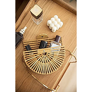 RULER TRUTH Handwoven Bamboo Bag Natural Shoulder Bag with Leather Straps Women's Handmade Straw Purse