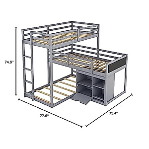 Eafurn L-Shaped Bunk Beds for 3,Twin Size Triple Bunk Beds with Storage Cabinet and Blackboard,Solid Wood Floor Bunk Bed for Kids Teens Adults