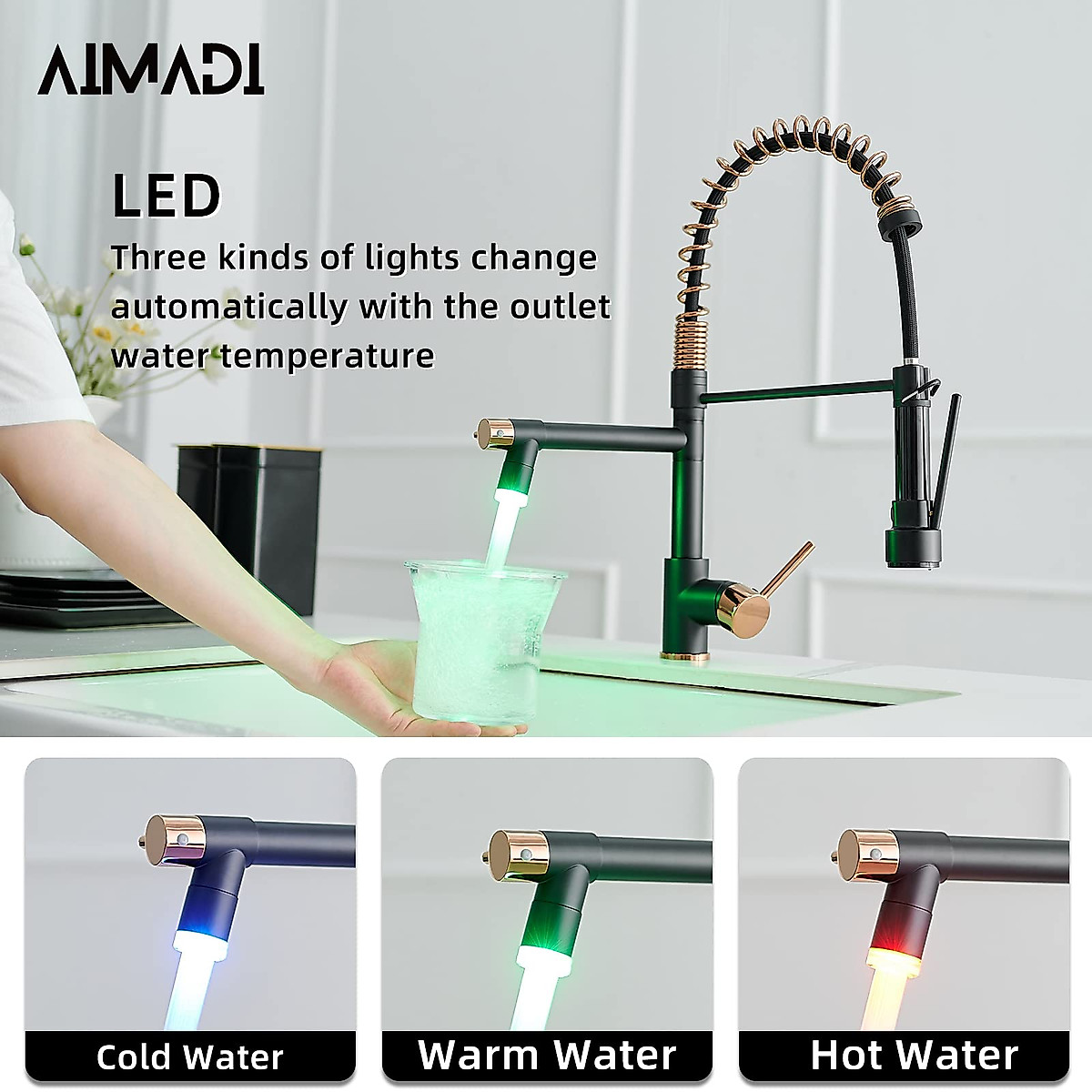 Matte Black Kitchen Faucet AIMADI - Commercial Kitchen Faucets Single Handle Single Hole Spring Rose Gold Kitchen Faucet with Pull Down Sprayer Black