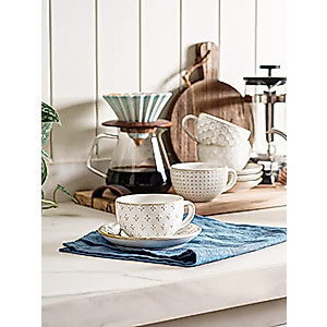 LE TAUCI 6 oz Cappuccino Cups with Saucers, House-warming Gift, Ceramic Embossment Coffee Cup for Au Lait, Double shot, Latte, Cafe Mocha, Tea - Set of 4, Arctic white