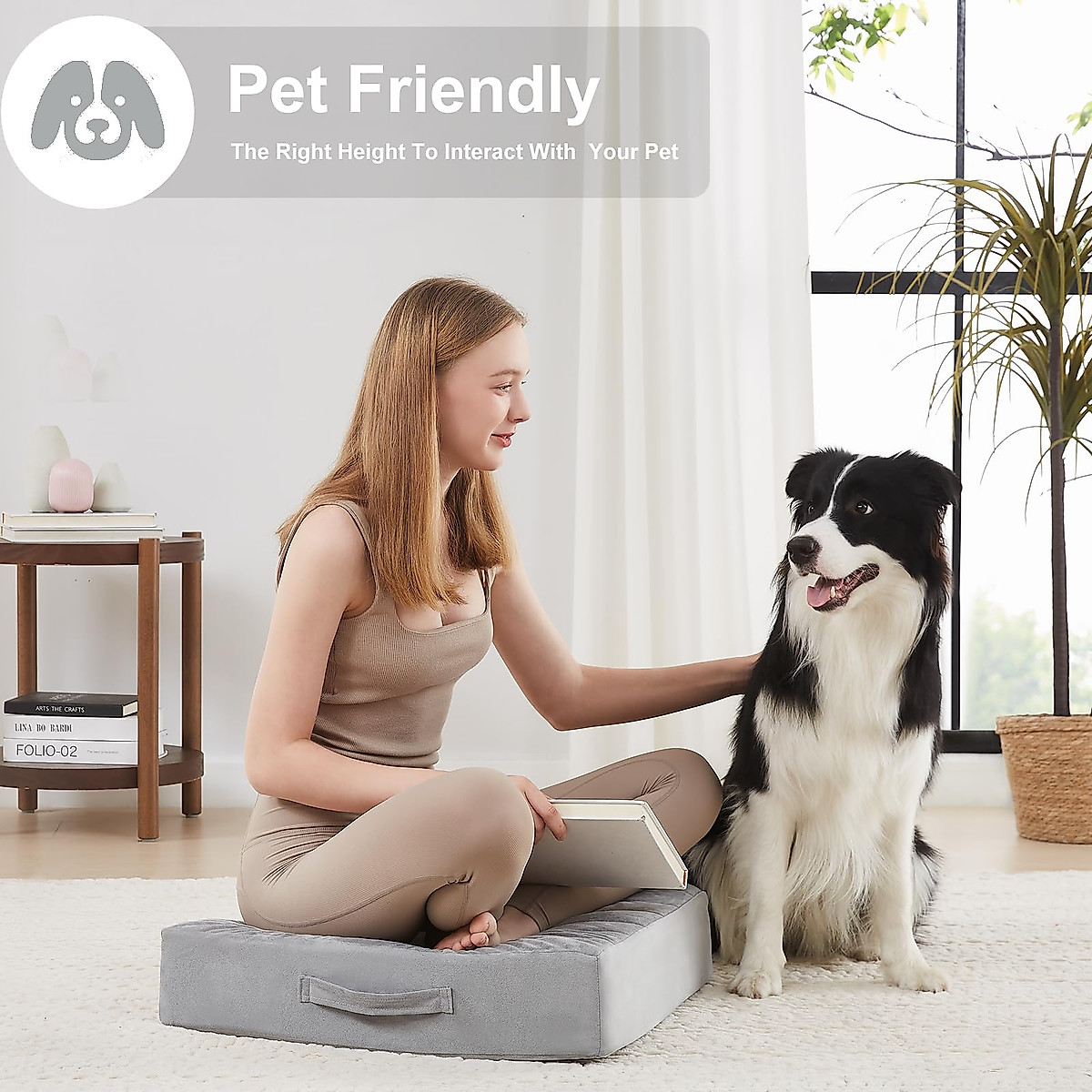 JKMAX 22 inches Floor Pillow for Adults - Large Meditation Cushion with Thick Foam & Soft Tufted Cover - Premium Outdoor Square Floor Cushion Seat - Yoga Pillows for Sitting On Floor - Light Gray