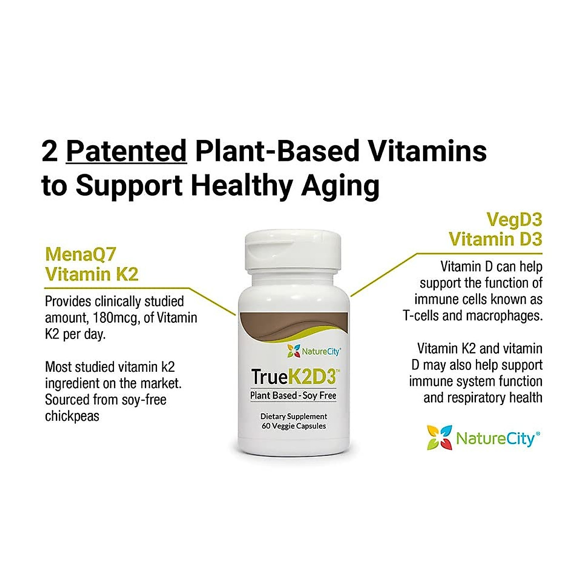 NatureCity TrueK2D3 Bone and Heart Health Formula - Plant Based 90mcg of Vitamin K2 (MK7) & 62.5mcg of Vitamin D3 60 Veggie Capsules