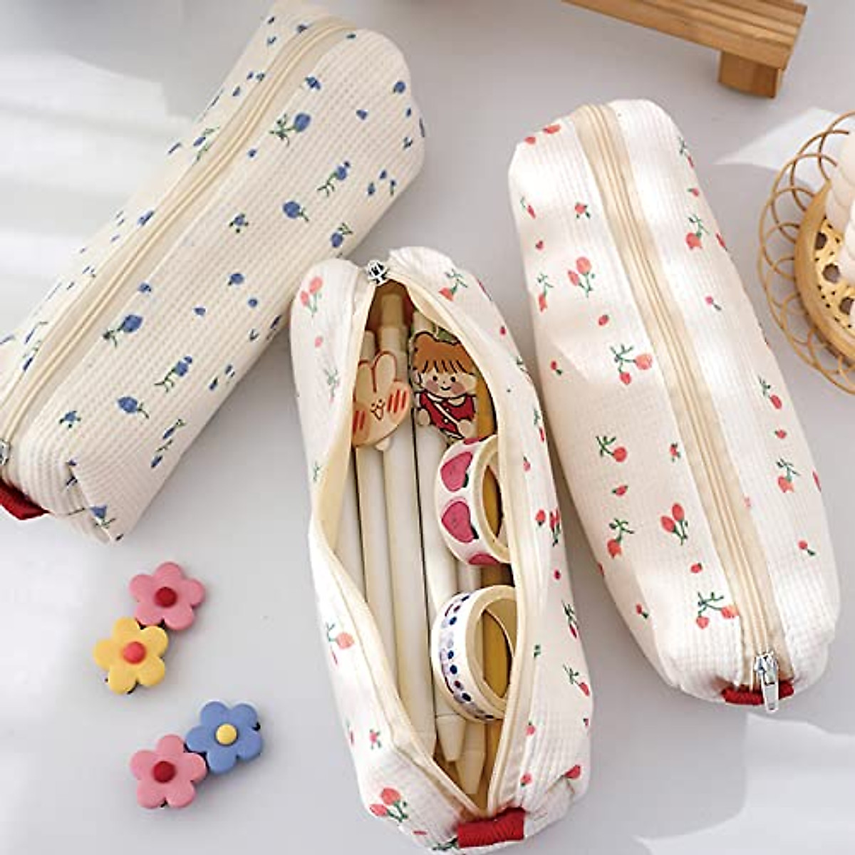 MOZXIRZ 2 Pcs Cute Pencil Case/ Pouch, Pencil Bag/Case Holder Floral Pen Holder Cosmetic Makeup Bag for Women (2Pcs Soft Flower)