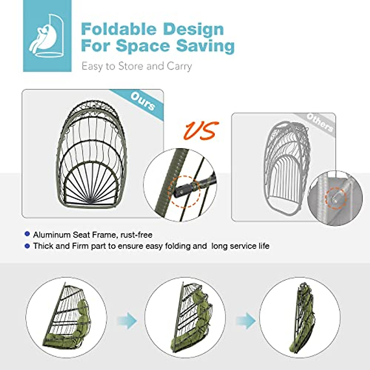 Patiorama Indoor Outdoor Egg Swing - Rattan Hanging Chair w/Cushion, 350lbs Capacity, All Weather Foldable Hammock Chair for Bedroom, Porch (Olive Green)