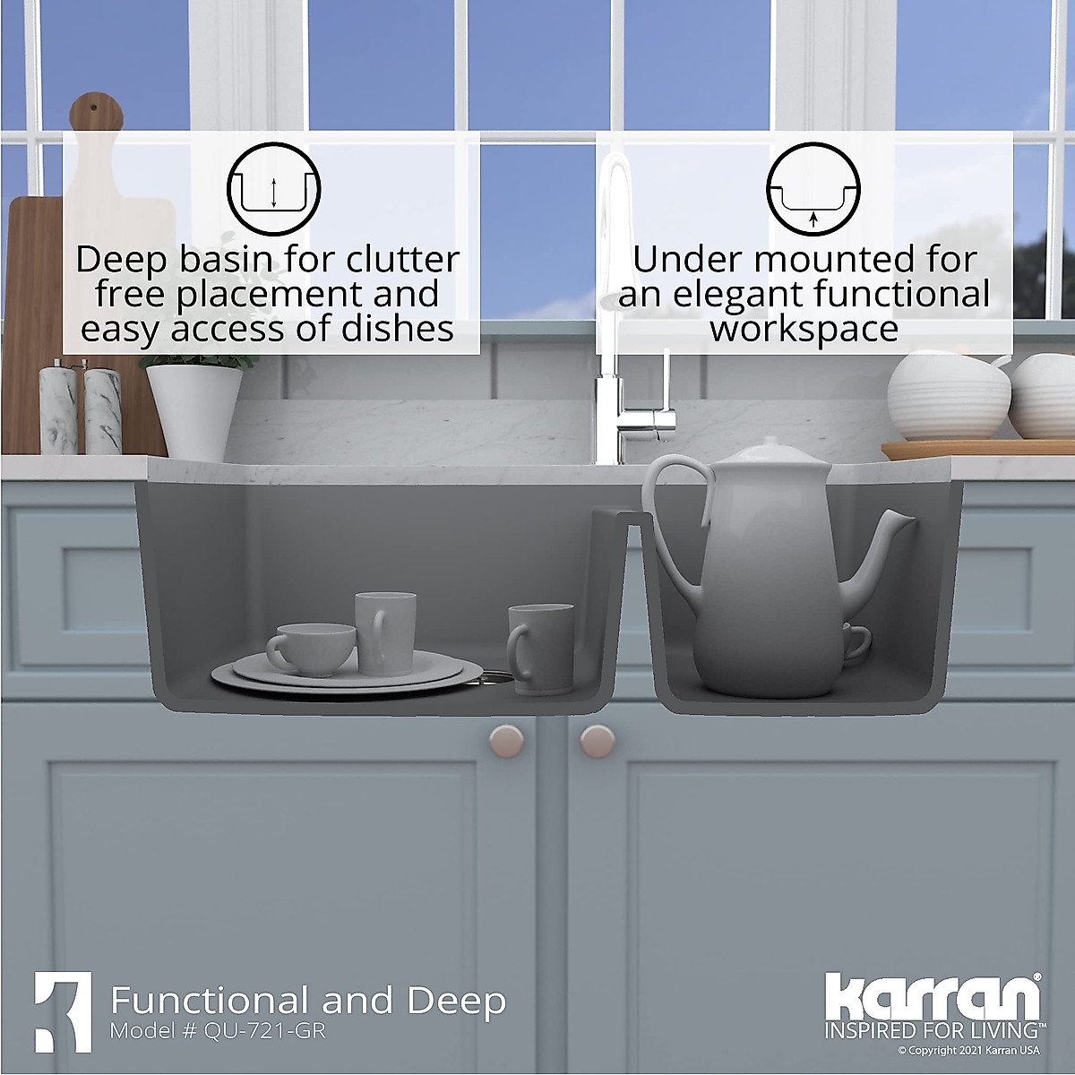 Karran QU-721 Undermount Quartz Composite 33 in. 60/40 Double Bowl Kitchen Sink with Bottom Grids and Strainers in Grey