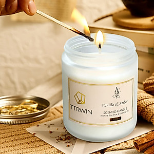 TTRWIN Vanilla Amber Scented Candle, 50H Long Lasting Glass Jar Candle, Home Fragrance, Natural Soy Wax Aromatherapy Candle, Stress Relief Gift for Her/Him/Women/Men, 200g