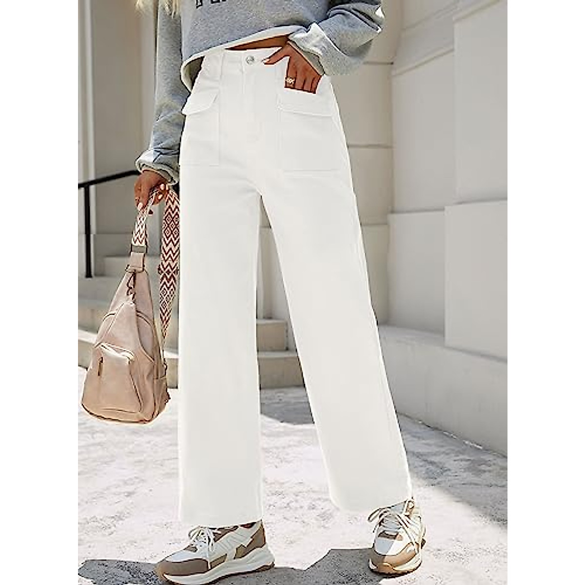 Dokotoo Womens Jeans Cargo Pants High Waisted Baggy Jeans Boyfriend Straight Wide Leg Pants Jeans Linen Trendy Pants Summer Casual Flap Pocket Y2k Pants Street Wear White