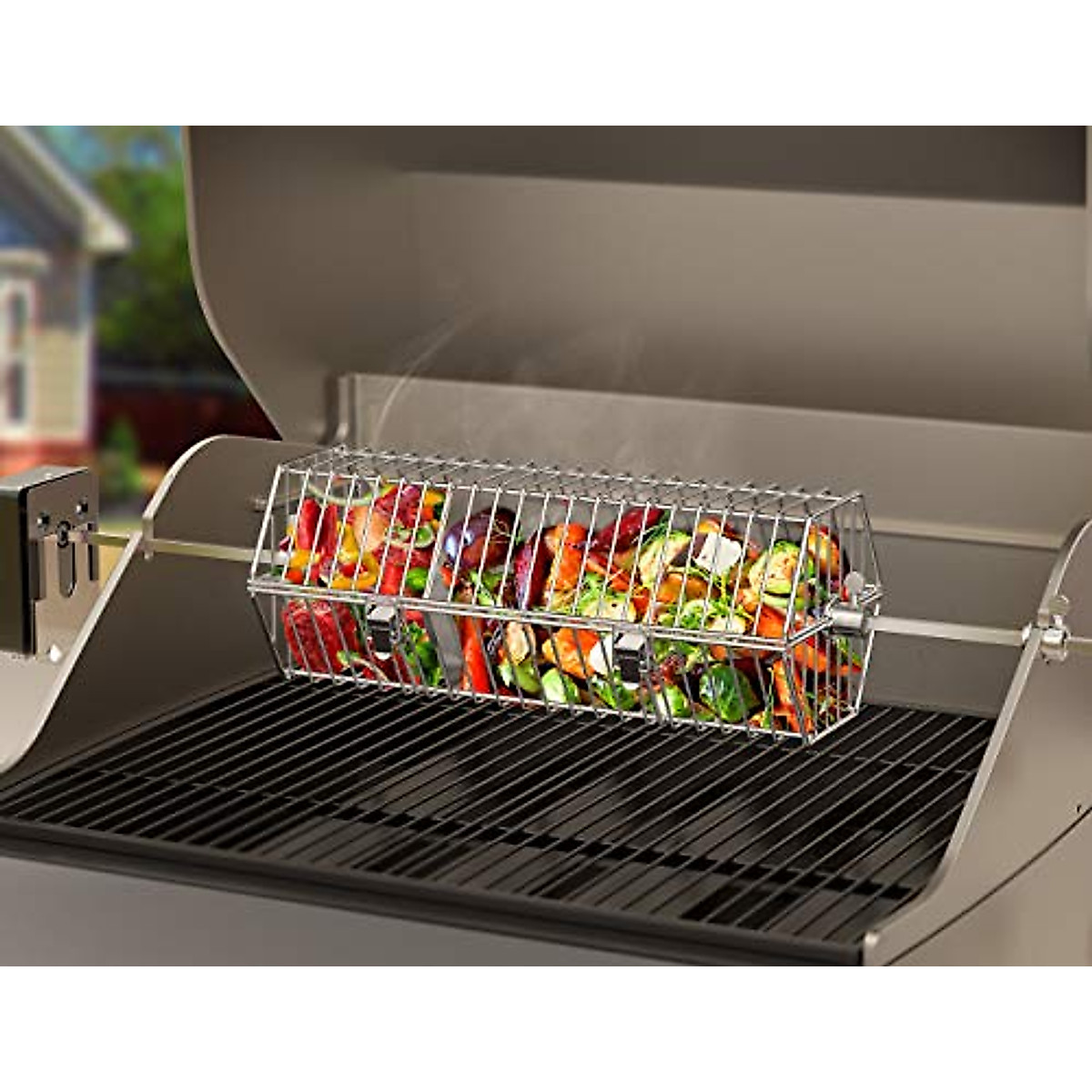 onlyfire 17 inch Stainless Steel Round Tumble Rotisserie Basket Cooking Accessory Fits for Most Grills