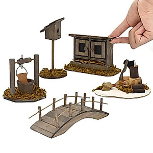 iland Fairy Garden Accessories incl Wooden Wishing Well & Ax w/ Firewood & Chicken Coop & Birdhouse & Mini Bridge, Nativity Scene on 1/12 Scale