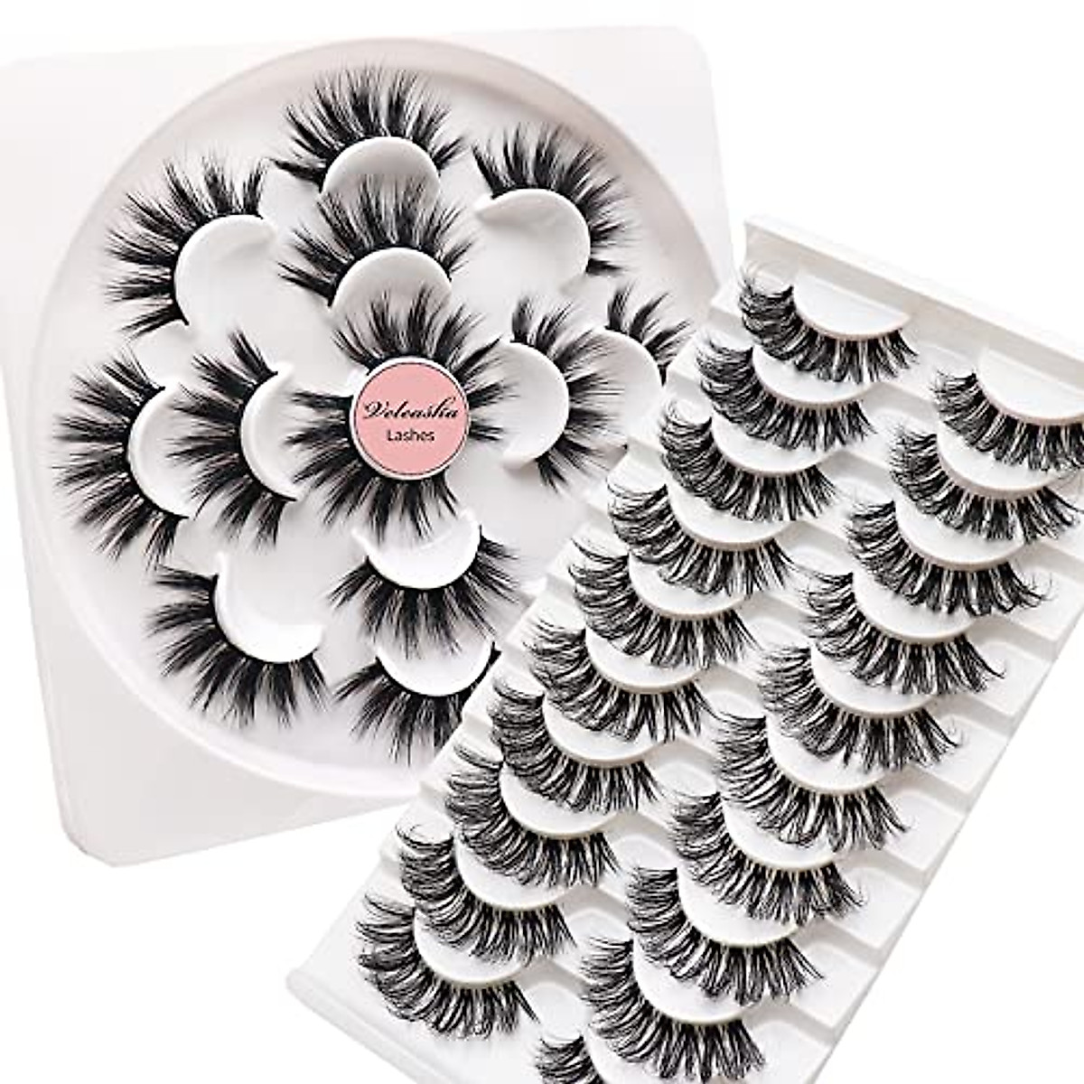 Veleasha Russian Strip Lashes and 5D Faux Mink Lashes ，Natural Lashes Wispy Fluffy False Eyelashes 2 Styles 2 Sets Pack