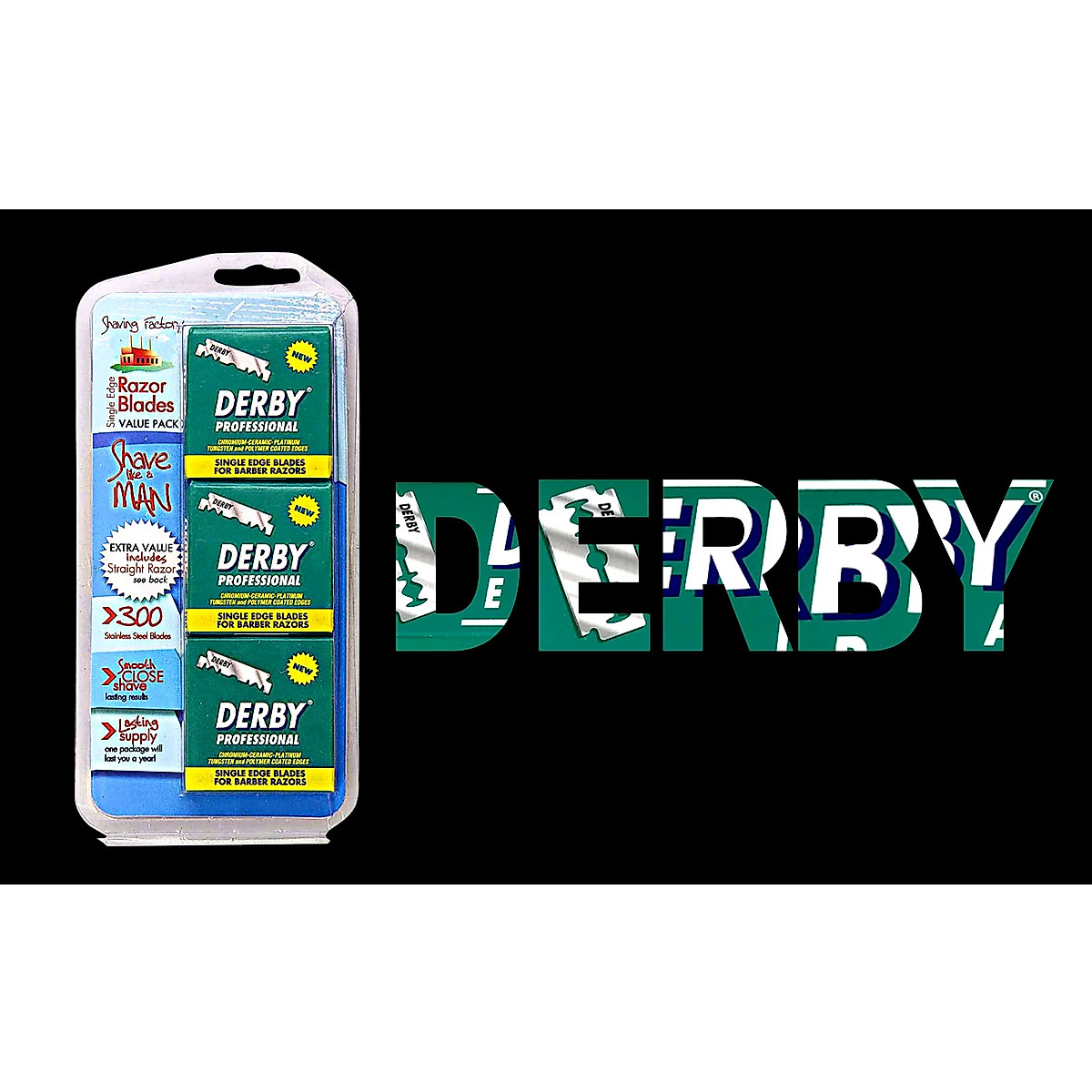 300 Derby Professional Single Edge Razor Blades comes with free Shaving Factory Straight Razor